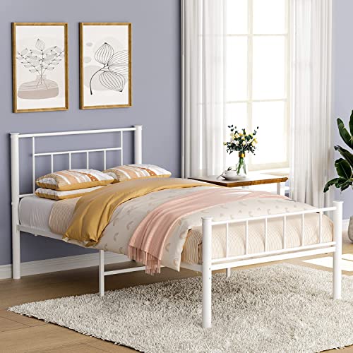 4 EVER WINNER Twin Platform Bed Frame with Headboard, Twin Bed Frames 14 Inch, Heavy Duty Steel Salt Twin Metal Bed Frames, No Box Spring Needed, Mattress Foundation, Anti-Slip (White Twin Bed)