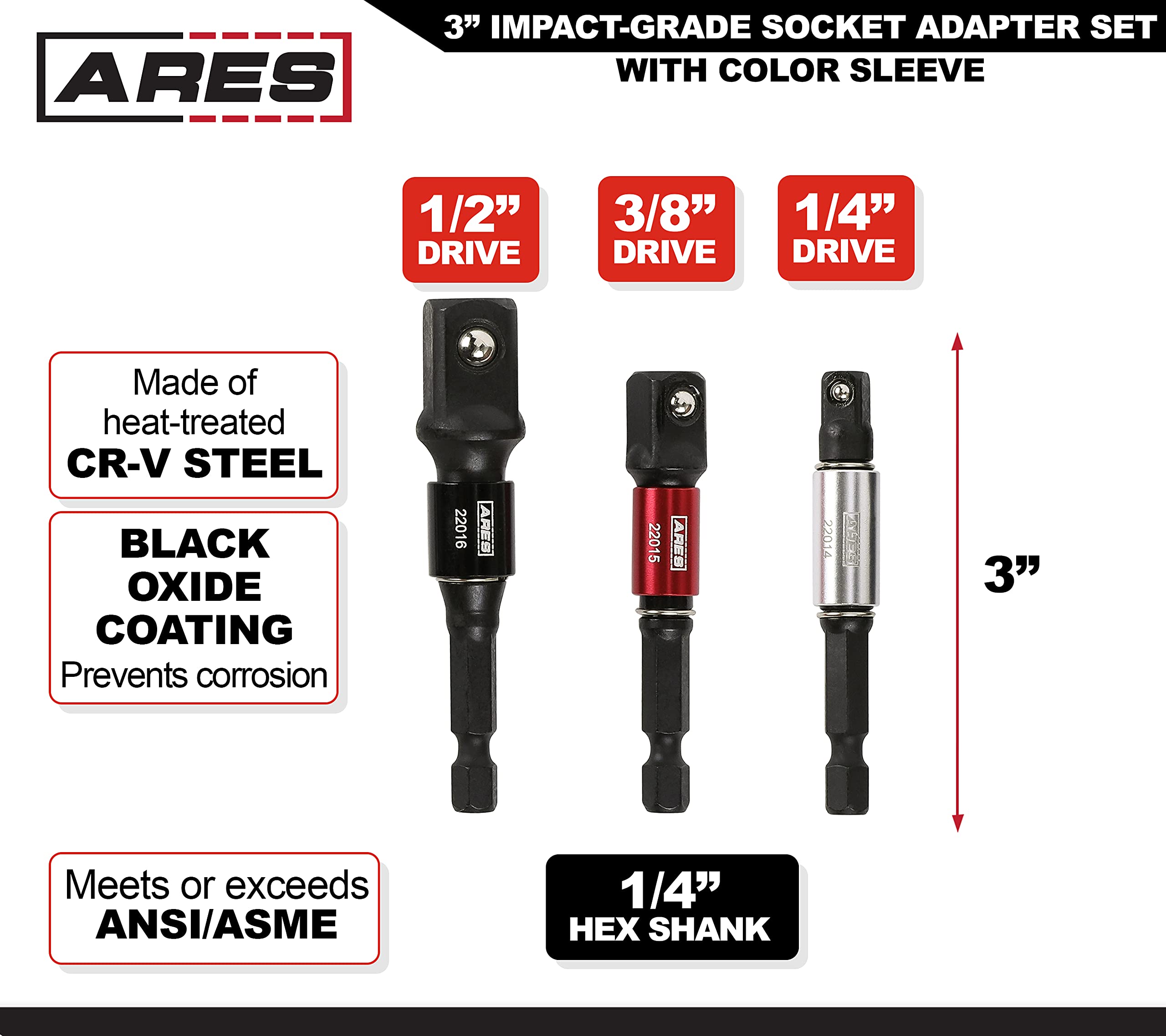 ARES 22011-3-Piece 3-Inch Impact Grade Socket Adapter Set with Color Sleeve - Turns Power Drill into High Speed Nut Driver - 1/4-Inch, 3/8-Inch, and 1/2-Inch Drive