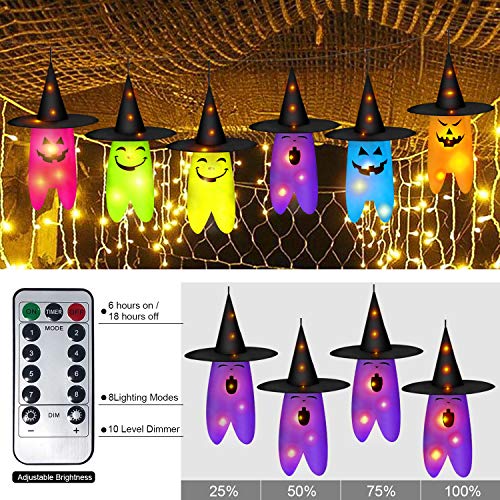 Youlisn Halloween Decorations Outdoor 6pcs Hanging Lighted Ghost Witch Hat 16.4ft LED String Lights Decor with Remote Control and 8 Lighting Mode Suitable for Yard, Party, Indoor, Tree