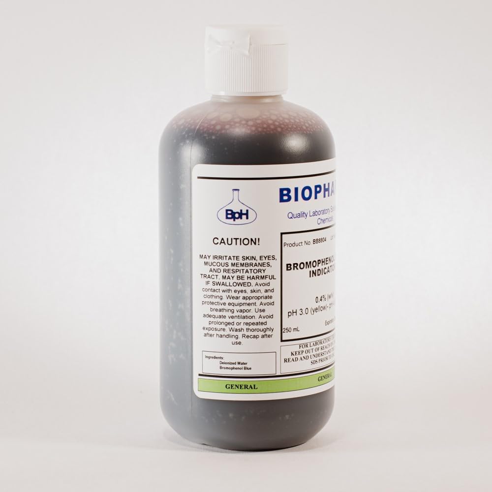 Bromophenol Blue Indicator 0.4% Aqueous Solution — 250 mL (8.4 fl oz) — Includes a 50 mL Empty Dropper Bottle and Dispensing Cap — pH 3.0 (Yellow) - pH 4.6 (Blue)