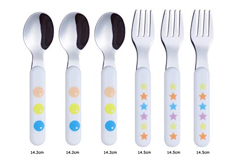 ANNOVA Kids Silverware 6 Pieces Stainless Steel Children's Flatware Set 3 x Forks, 3 x Dinner Spoons Plastic Handle, Toddler Utensils Without Knives, for Babies, Infants BPA Free - Dots Stars
