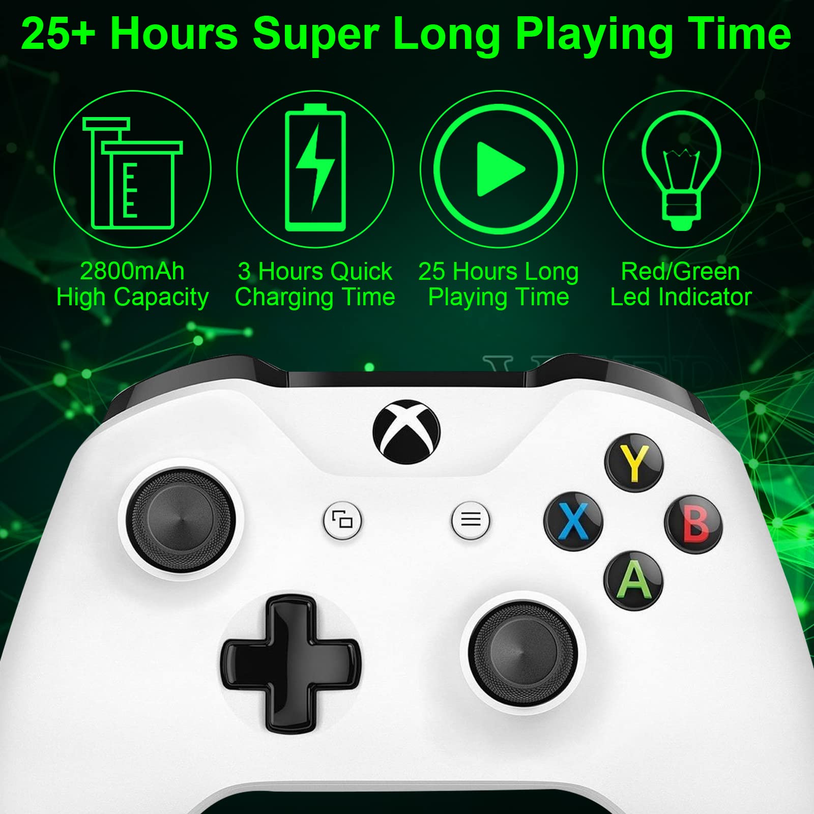 2800mAh High Power Rechargeable Controller Battery Pack for Xbox One/One X/One S/Series X/S, 3 Hours Fully Charged, 25+ Hours Playing time Each Battery Pack, 2000 Recharging Times(2 Batteries+Charger)