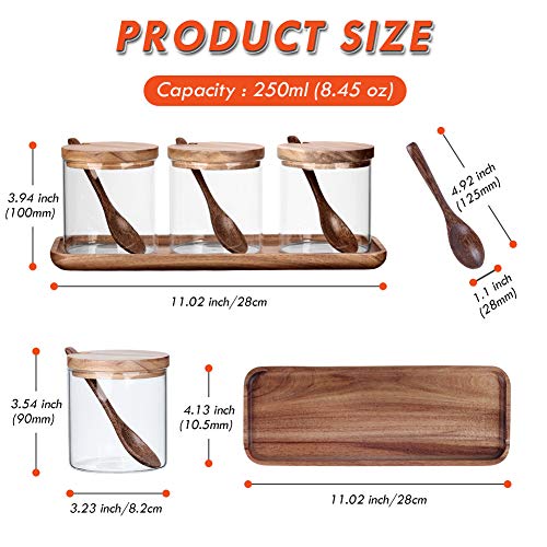 Freehawk Condiment Container Seasoning Box Set Salt Sugar Spice Pepper Condiment Container Kitchen Cruet Seasoning Pots with Bamboo Wooden Spoon Lid and Base,Set of 3(250ml Round Shape)