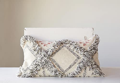 Creative Co-Op Wool Cream Kilim Pillow with Grey Fringe Accents