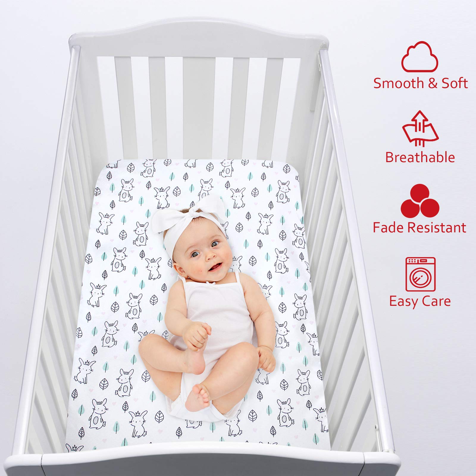 Pack and Play Sheets Fitted Mini Crib, Breathable Microfiber Stretchy Playard Sheets Fit for Graco Pack and Play, Lovely Bunny Pack and Play Fitted Sheets for Boys and Girls