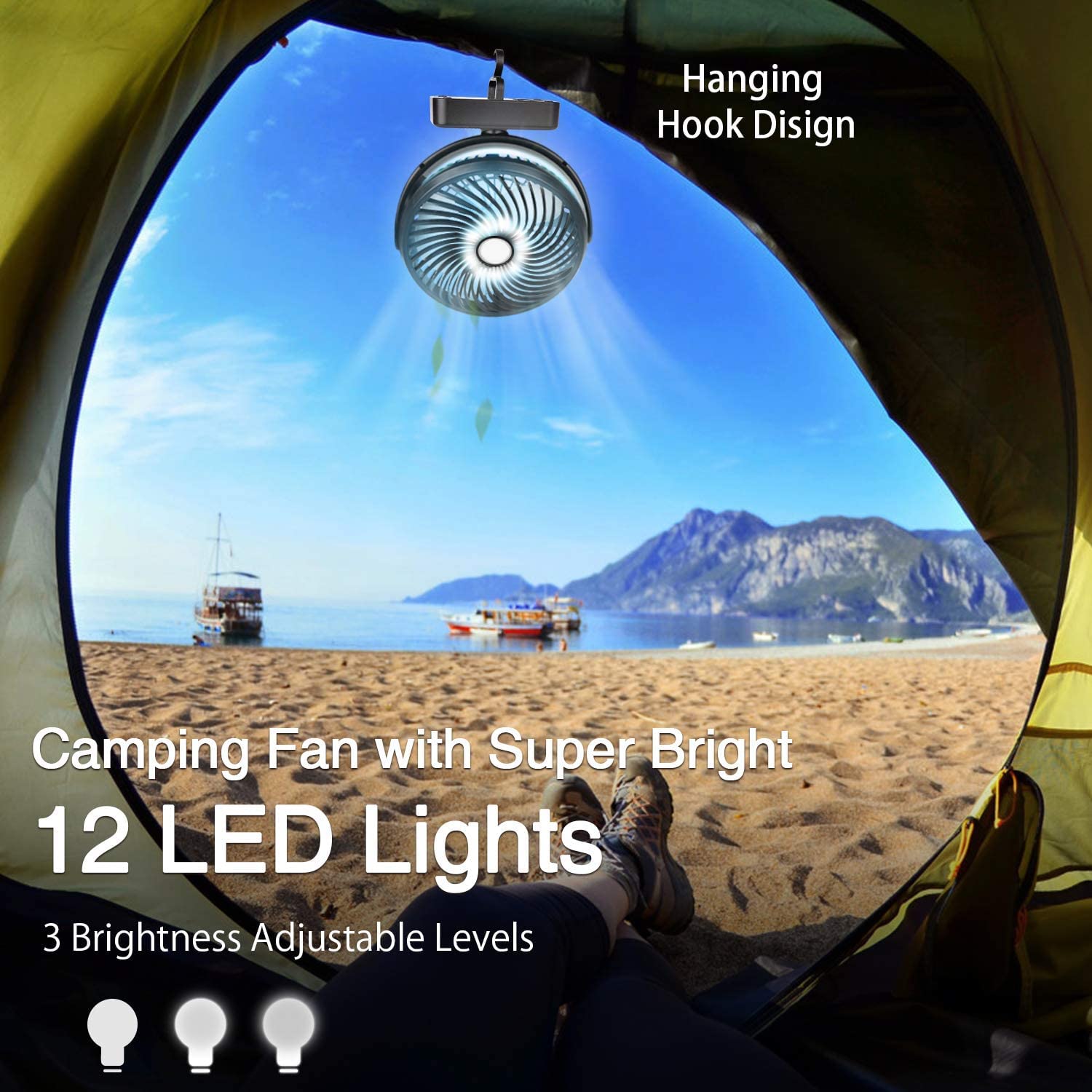 AJOYEUX Camping Fan Rechargeable 5000mAh Tent Fan with LED Lantern 7-Inch Battery Operated USB Fan Powerful for Camping Home Office RV