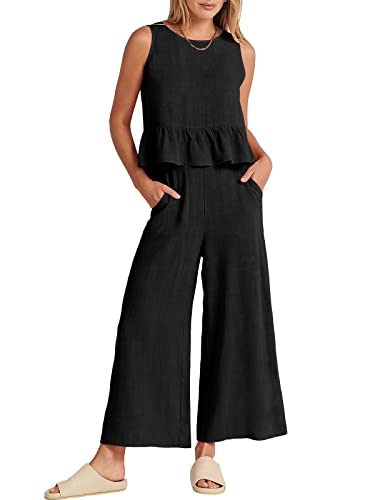 ANRABESS Two Piece Outfits for Women Summer Vacation Sleeveless Linen Crop Tank Top Casual Matching Lounge Sets Comfy Tracksuits Long Pants Jumpsuits 2023 Cute Going Out Clothes 817heise-M