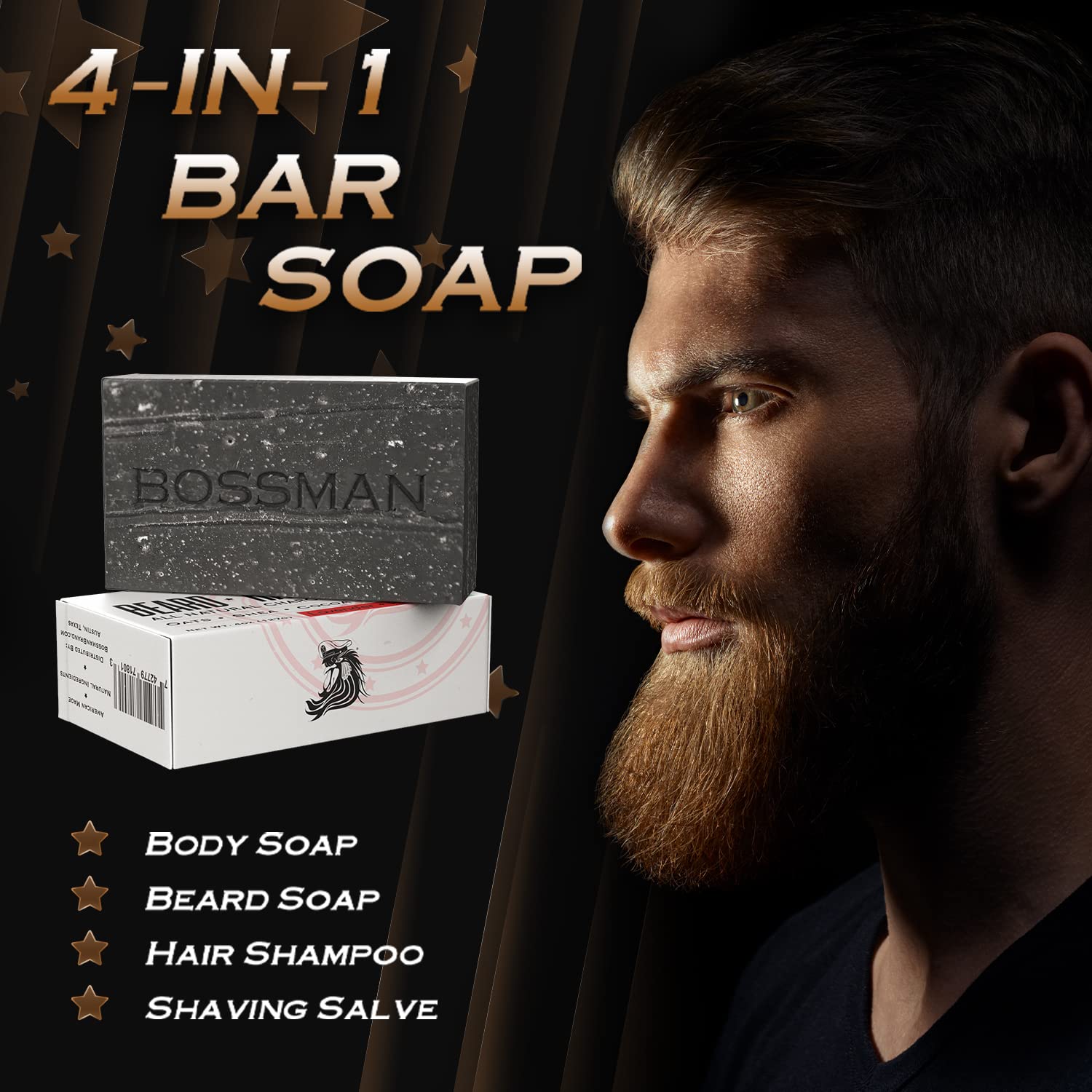 Bossman Men's Bar Soap 4 in 1 Beard Wash, Shampoo, Body Wash and Conditioner, 4 oz