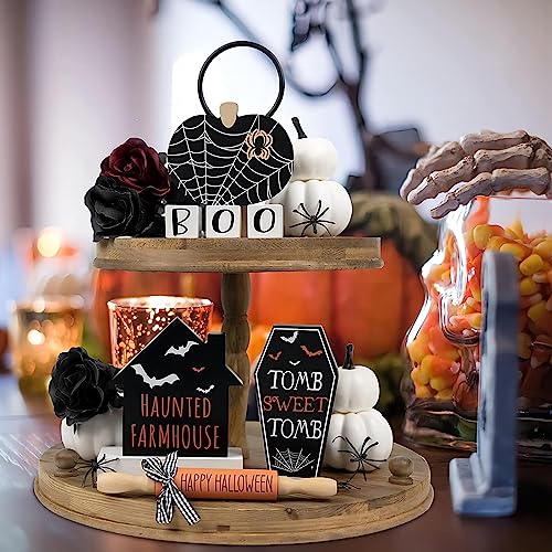 5Pcs Halloween Tiered Tray Decor Set Happy Halloween Boo Wooden Signs Cute Tomb Haunted House Rolling Pins Spiderweb Halloween Decor