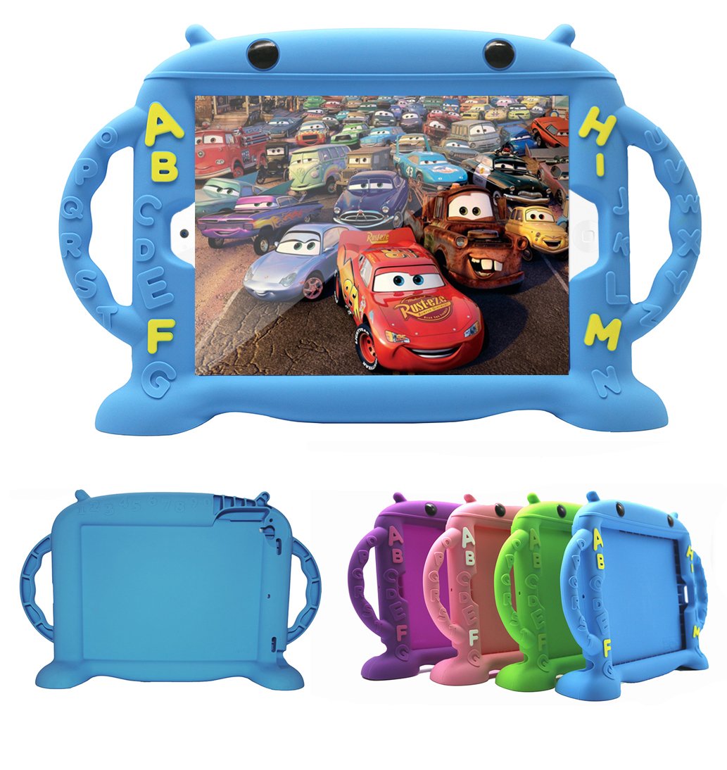 CHINFAI Kids Case for iPad, Cute Cartoon Case for iPad 2017 2018 9.7 inch, Case for iPad Pro/iPad Air 1 2, Shockproof Silicone Protective Cover with Self Stand [BPA Free][Side Handles] (Blue)