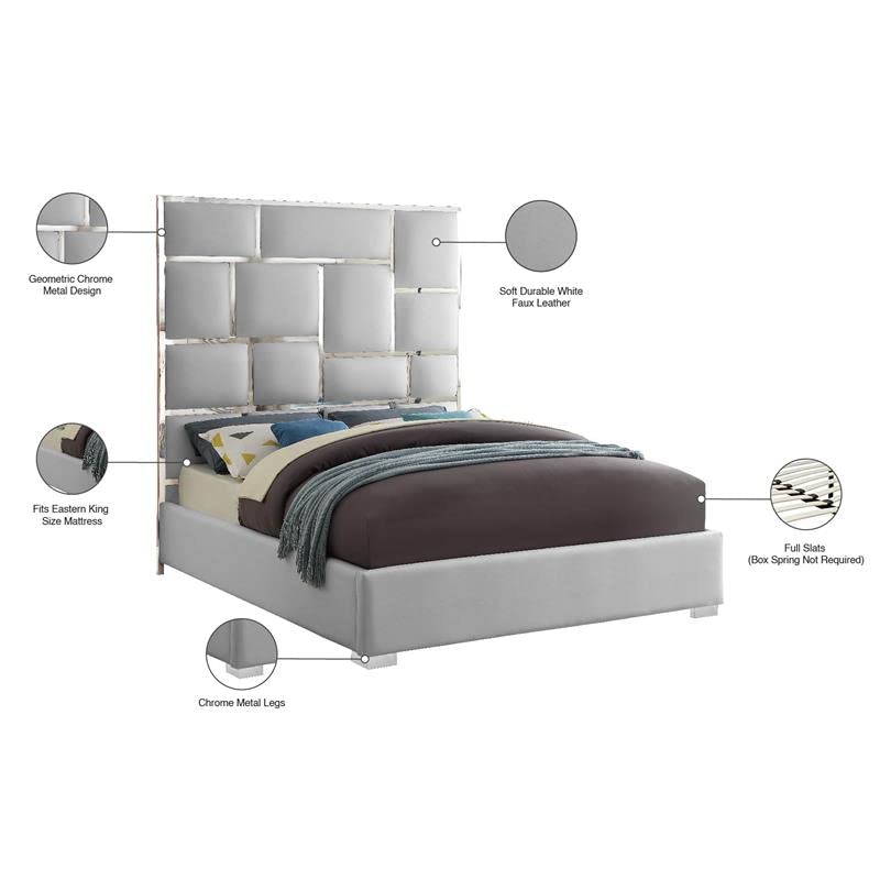 Meridian Furniture Milan Collection Modern | Contemporary Faux Leather Upholstered Bed with Custom Chrome Metal Legs and Geometric Designed Headboard, King, White