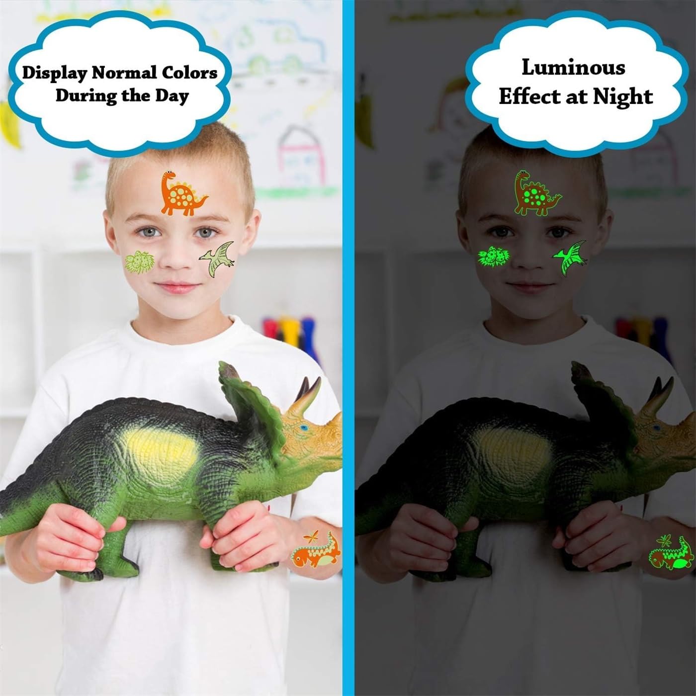 Leesgel Dinosaur Temporary Tattoos for Kids, Dinosaur Stickers, Dinosaur Birthday Party Supplies Decorations (37 Styles Glow + Metallic Glitter)