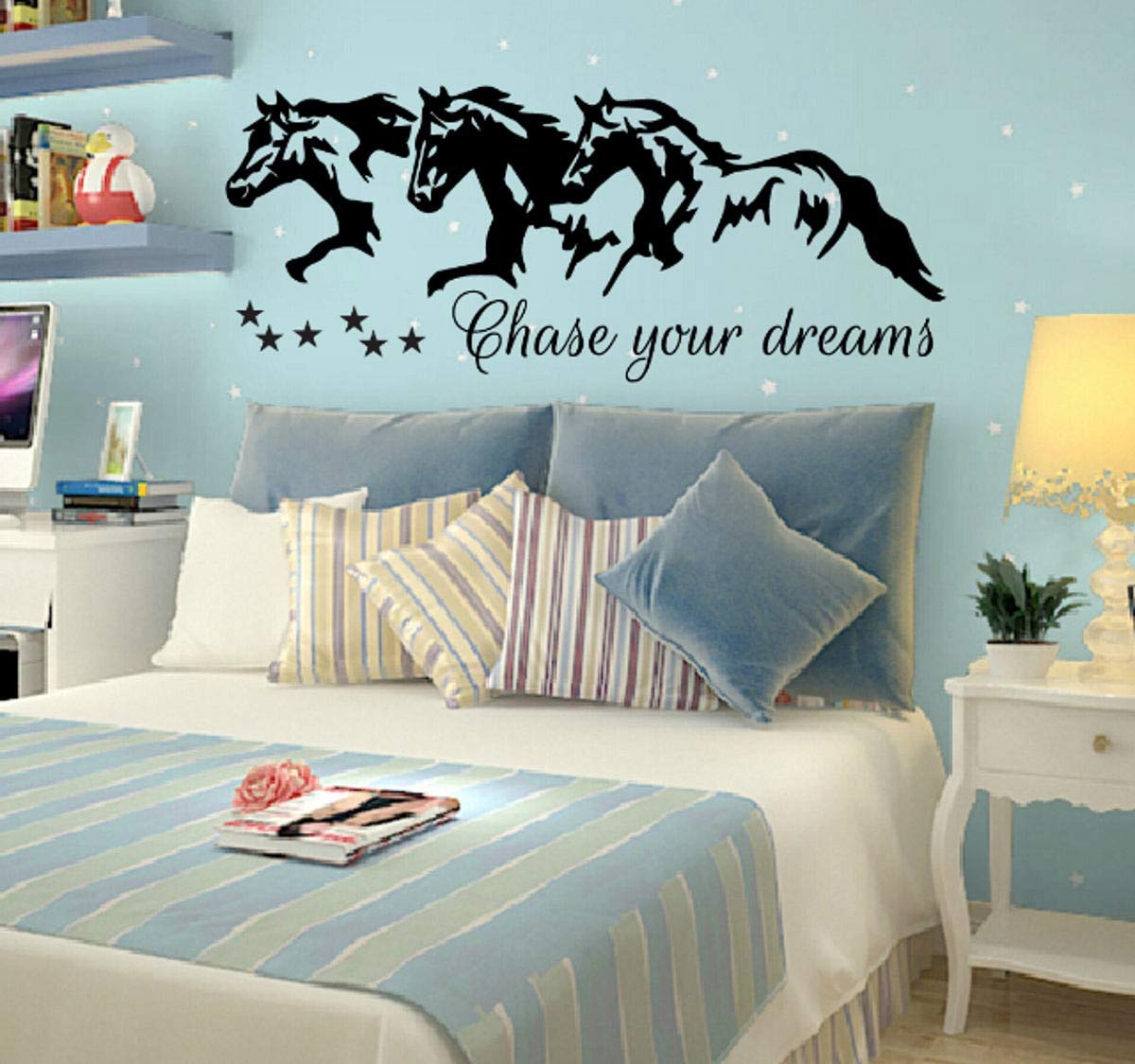 Diuangfoong Chase Your Dreams W Horses and Stars Decal Wall Vinyl Sticker Kids Room Nighttime Wish Barrel Racing Paint Horses Running Nursery Art Gift