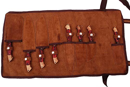 GladiatorsGuild G29RD- Professional Kitchen Knives Custom Made Damascus Steel 8 pcs of Professional Utility Chef Kitchen Knife Set with Chopper/Cleaver with Pocket Case Chef Knife Roll Bag (Red)