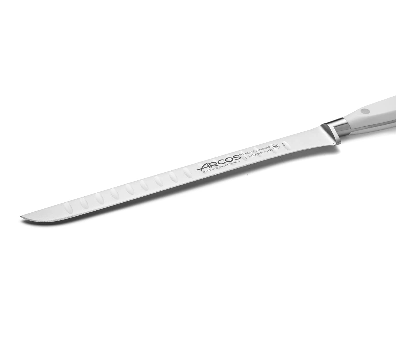 ARCOS Forged Slicing Knife / Ham Knife 10 Inch Nitrum Stainless Steel and 250 mm blade. Ergonomic Polyoxymethylene POM Handle. Series Riviera Blanc. Thin blade with a characteristic smooth edge. Color White.