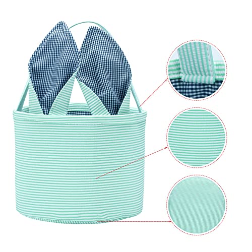 Easter Basket Seersucker Egg Hunt Bunny Baskets for Kids with Cute Rabbit Ears Stripe Storage Gifts Candies Personalized Easter Party Gifts.………