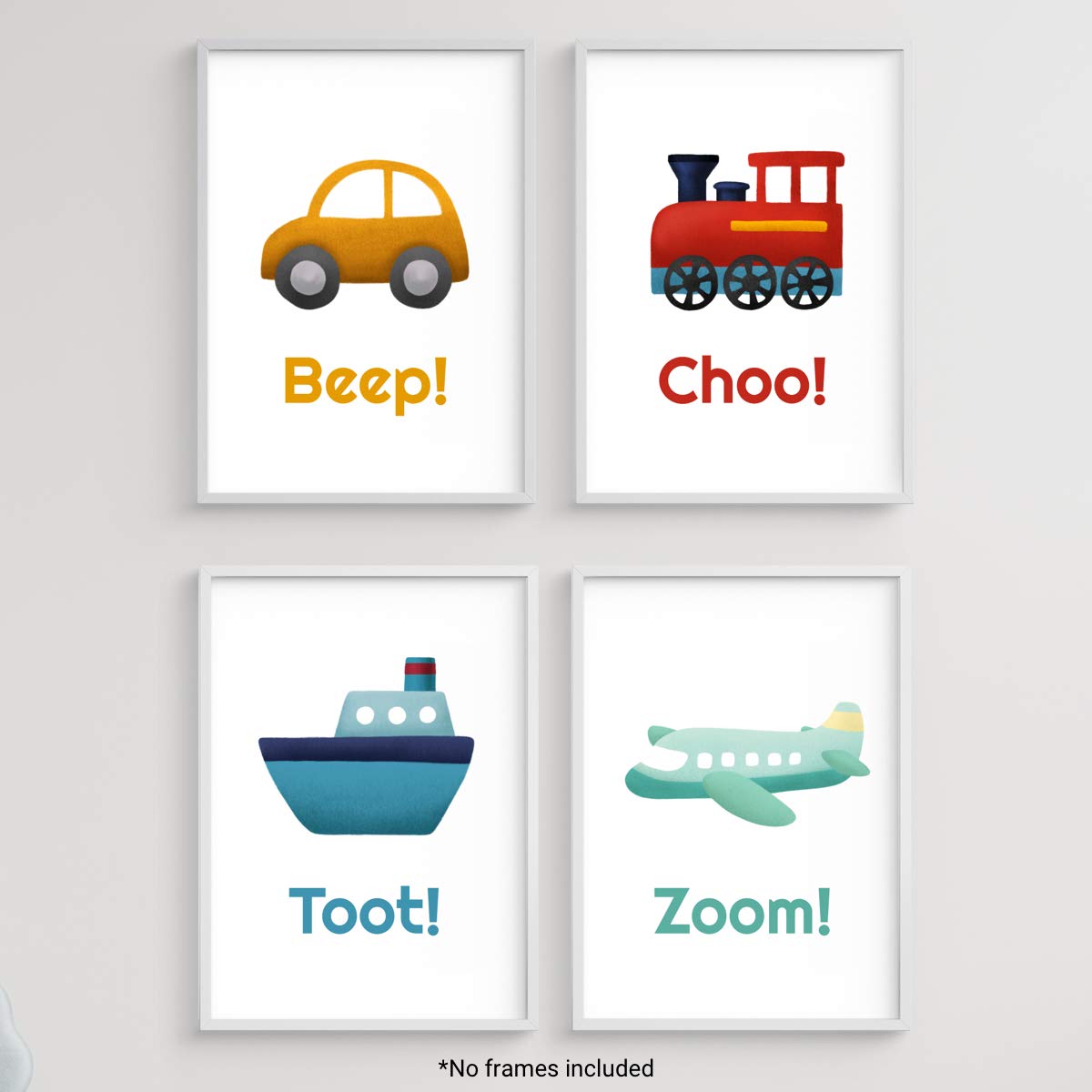 unoXdos Set of 4 Cute Transportation Posters 8" X 10" Unframed | Nursery Decorations | Baby Nursery Hanging | Kids Room Decor | Car Train Ship Airplane | Boy Room Decor