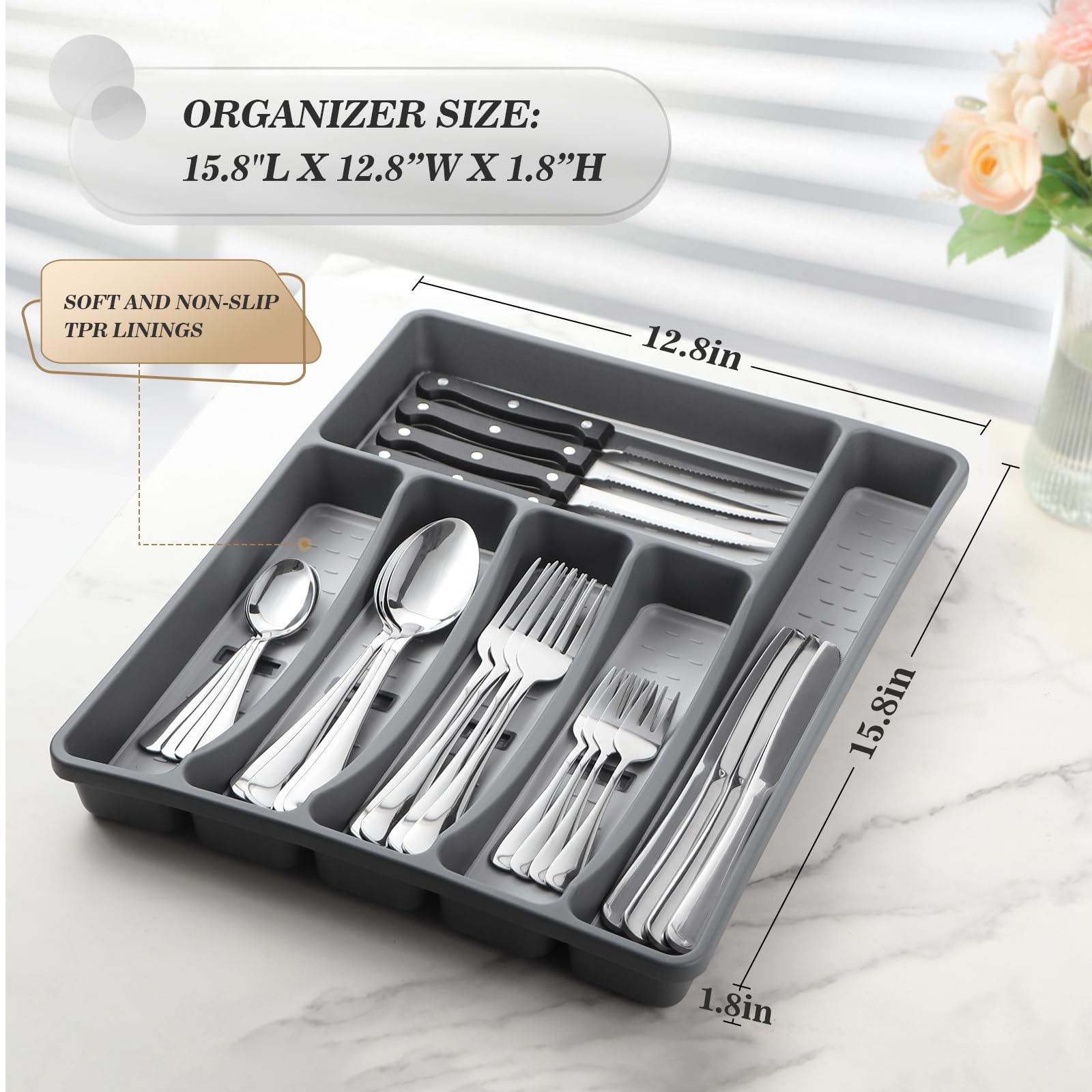 24-Piece Silverware Set with Organizer,Heavy Duty Stainless Steel Flatware Cutlery Tableware Set for 4,Includes 6-Compartment Silverware Tray with Cutlery Icons,Silverware Set with Steak Knives