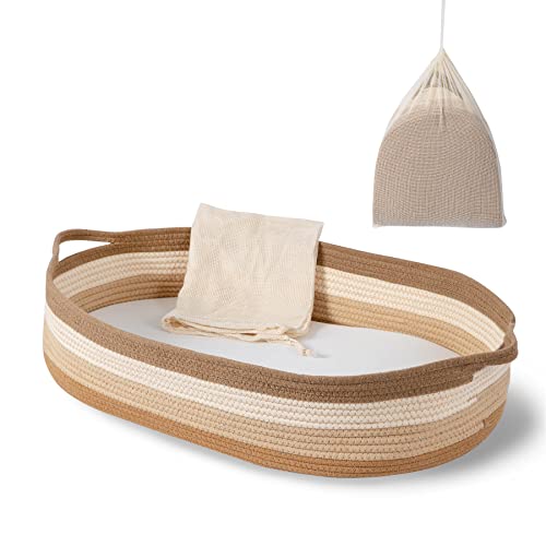 Baby Changing Basket - Moses Basket Changing Table Topper and Thick Foam Pad with Removable Cotton Mattress Cover, 100% Cotton Boho Nursery Decor in Rainbow Color with Storage Bag