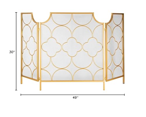 Barton 49" x 30" Fireplace Screen Gold Iron Mesh Geometric 3 Panel Fire Door Freestanding Cover Decorative Spark Guard Gate Grate