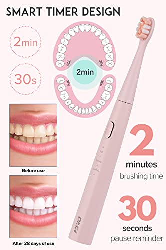 DMH Electric Toothbrush, Sonic Electric Toothbrush Powerful Cleaning, Rechargeable Travel Toothbrush with 4 Brush Heads, 3 Modes, 4 Hour Fast Charge for 60 Days Use, Pink