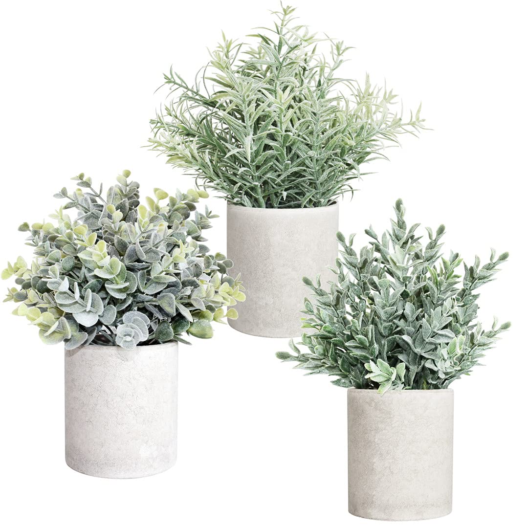 ANFU Fake Plant Decor Mini Artificial Potted Faux Plants, Artificial Eucalyptus Faux Boxwood Fake Rosemary for Room Bathroom Kitchen Farmhouse Garden Home Office Decor (3, Flocking Artificial Plants)