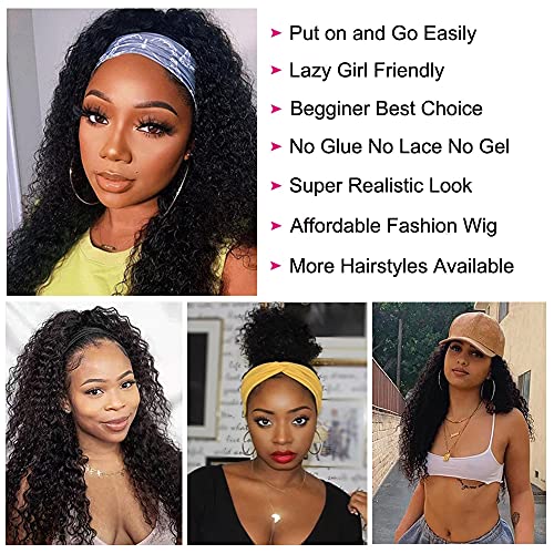 HeadBand Wig Curly Human Hair Wig None Lace Front Wigs for Black Women Deep Wave Machine Made Wigs Natural Color 150% Density 14inch
