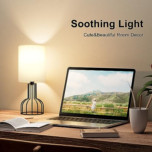 Bedside Table Lamp for Bedroom - Small Lamp with 3 Color Modes-3000K-4000K-5000K Nightstand Lamp with Simple Black Metal Base and White Fabric Shade for Kids, Living Room,Bedroom (LED Bulb Included)