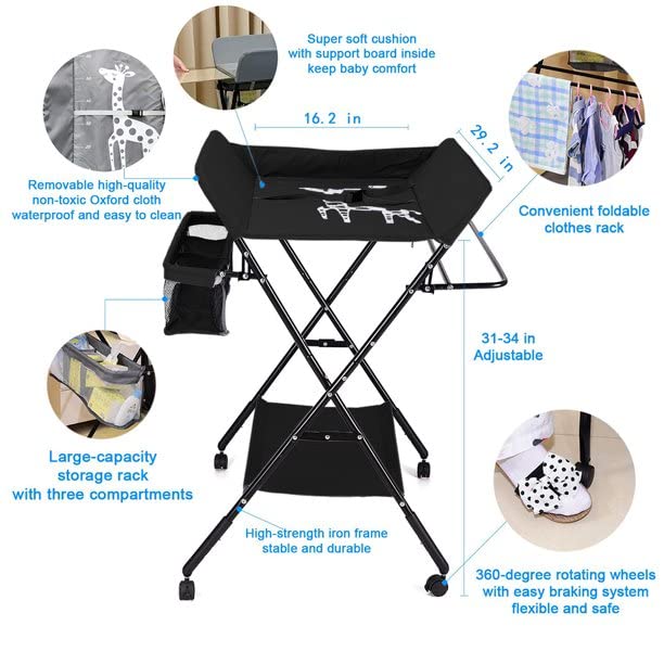Baby Changing Table Portable Folding Diaper Changing Station with Wheels, Adjustable Height Mobile Nursery Organizer with Safety Belt and 2 Large Storage Racks for Newborn Baby Infant (Black)