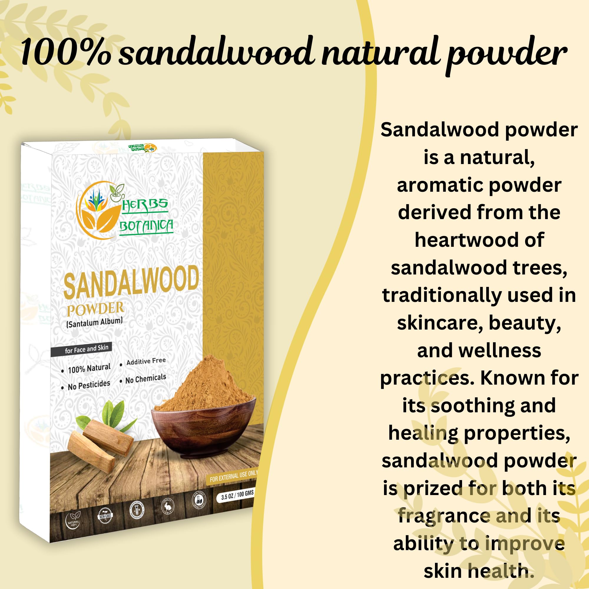 Herbs Botanica Chandan Organic Sandalwood Powder, 100 gm / 3.52 oz, Face Pack & Mask, Tilak, Auspicious Occasions, Natural Cleansing & Soothing Powder for Wrinkles