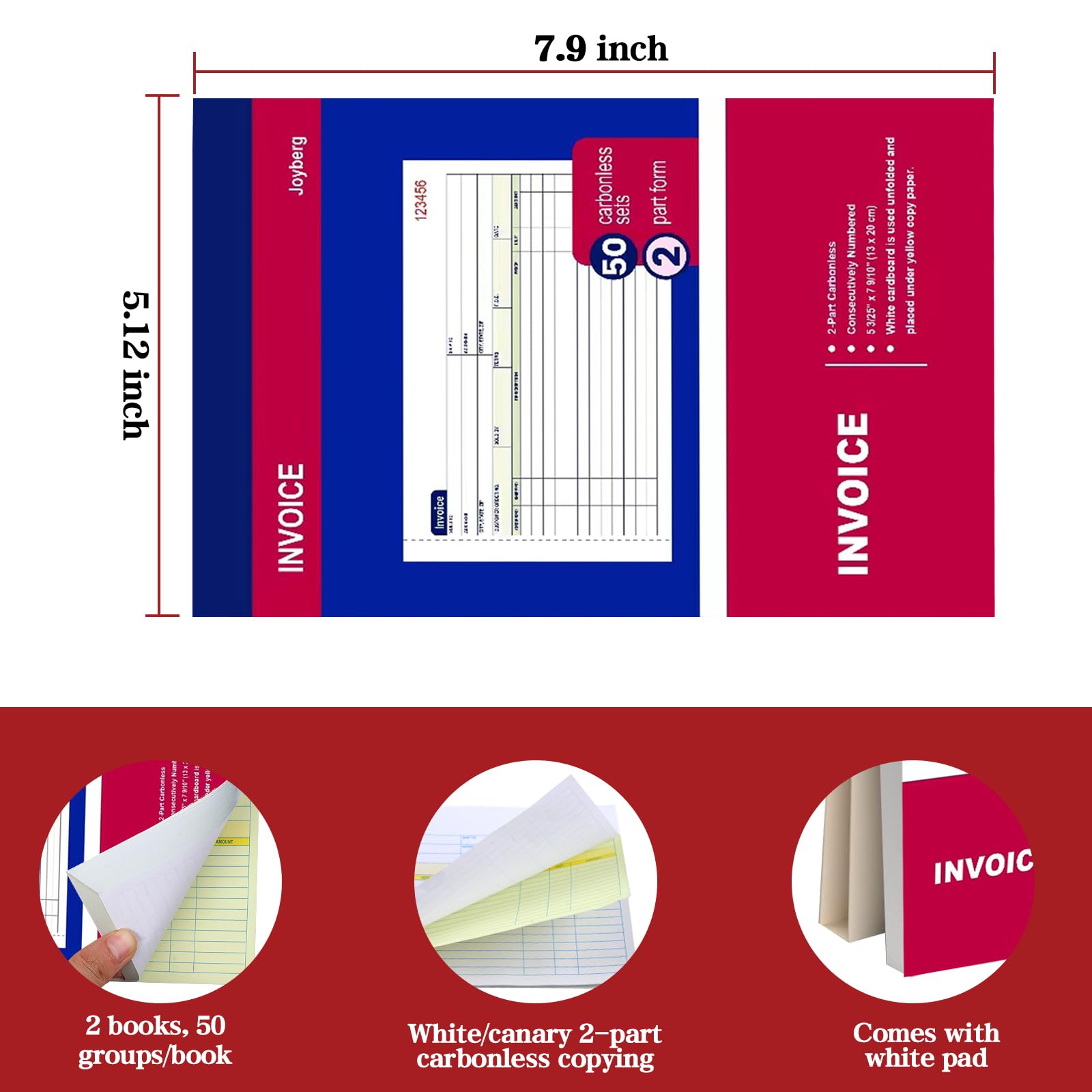 2 Packs Invoice Book for Small Business 2-part Carbonless, 5-1/8βx7-29/32β Receipt Book for Small Business, White/Canary Invoice Receipt Book, Purchase Order, Sales Order(50 Sets per Book)