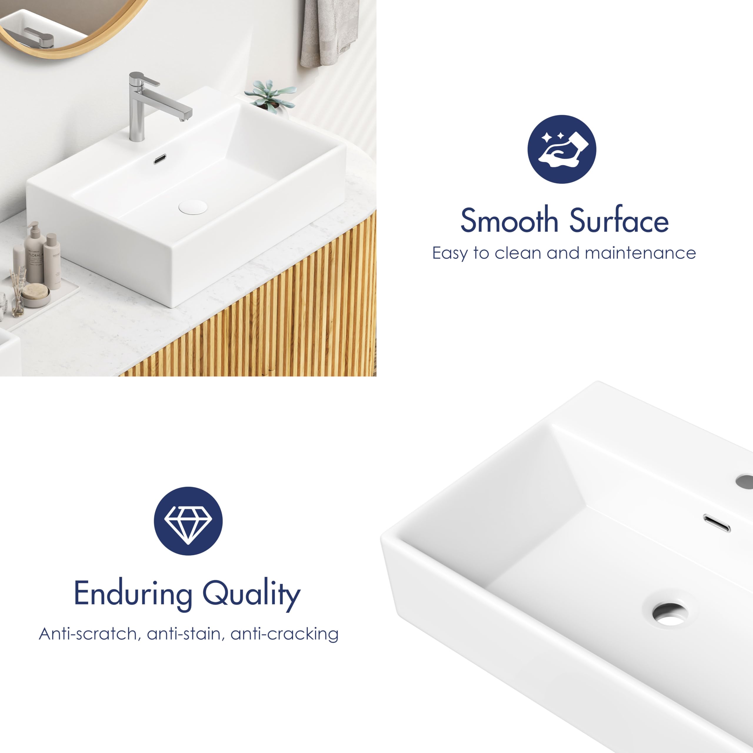 24" x 16" Bathroom Sink Vessel Rectangle, Eridanus Hang Wall Mount Sinks Countertop Vanity Floating Trough Washbasin, Ceramic Porcelain Modern White Art Basin Bowl with Overflow