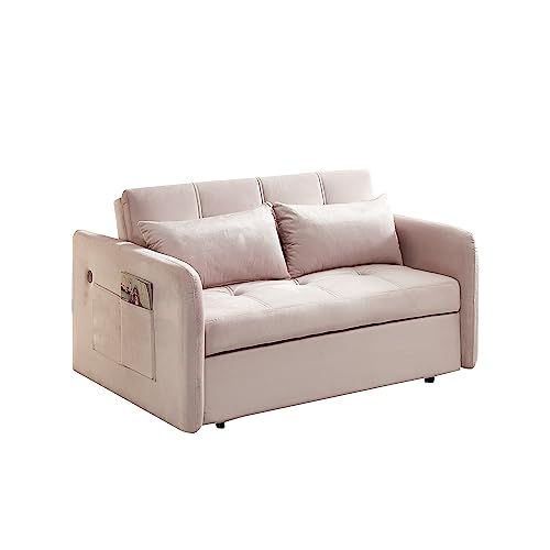 3 in 1 Convertible Sleeper Sofa Bed Twin Size ,55.5" Trundle Loveseat w/Pull-Out Couch and USB Chargers, Button Tufted Velvet Upholstered Futon Sofa & Couch for Limited Spaces Living Room Bedroom