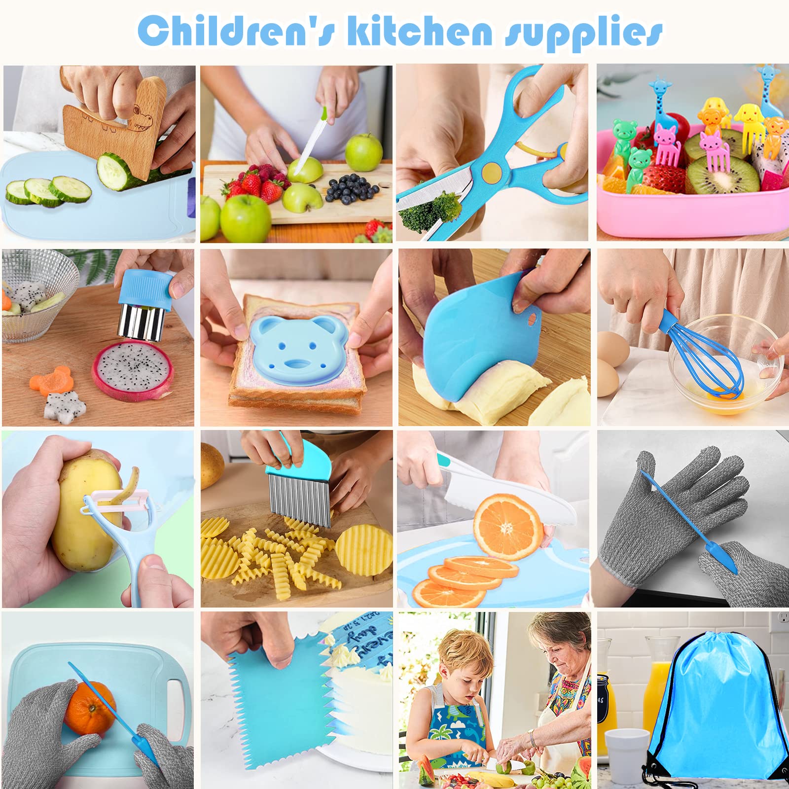 44 PCs Kids Knife for Real Cooking, Hombae Toddler Cooking Set Safety Wooden Plastic Knives Cutting Board Bread Fruit Fork Crinkle Cutter Peeler Scissor Cream Scraper Egg Beater Glove Apron Bag Blue