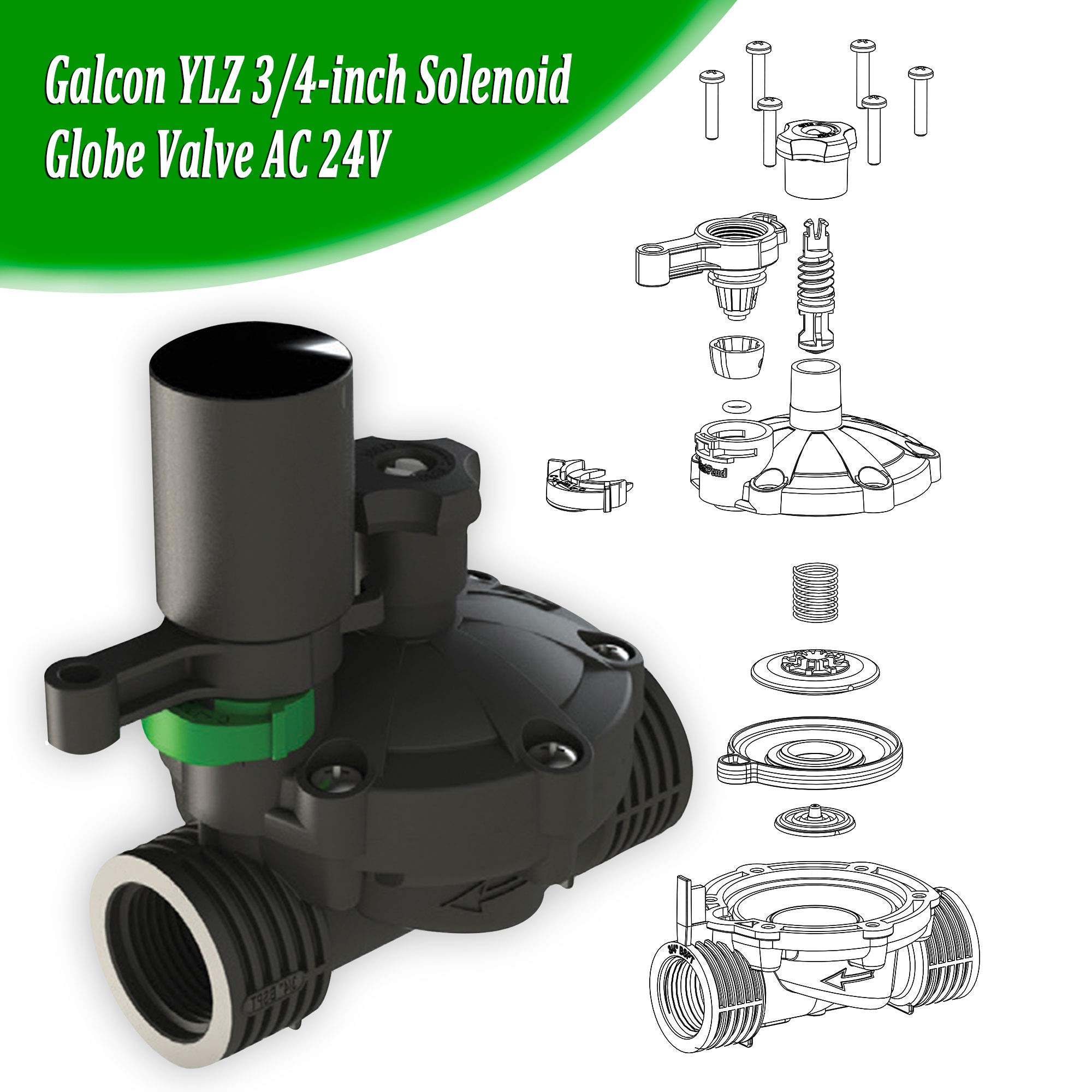 Galcon YLZ 3/4-inch Solenoid Globe Valve AC 24V FPT Irrigation Control Inline w/Flow Control Reinforced Plastic, Drip Irrigation, Greenhouse Residential & small Commercial Sites GAVASY312Q9