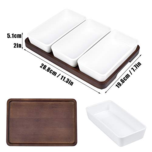 Creamic Snack Serving Tray 3 Pieces Long Strip Ceramic Bowls and A Brown Trays, Movable Moisture-Proof Food Bowls, Can Dress up Snacks, Fruits, Condiments, Bread, Barbecue, appetizers
