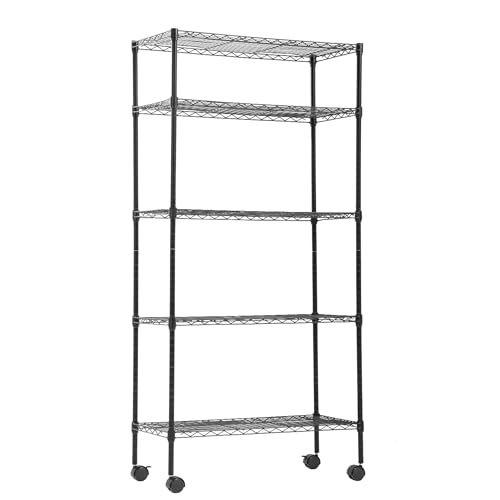 24/7 Shop at Home Rex Industrial 5 Tier Wire Shelving Rack with Wheels, Adjustable Shelves and NSF Certified, Metal Storage Shelves for Kitchen, Office, Garage, Basement, Laundry Room, Black