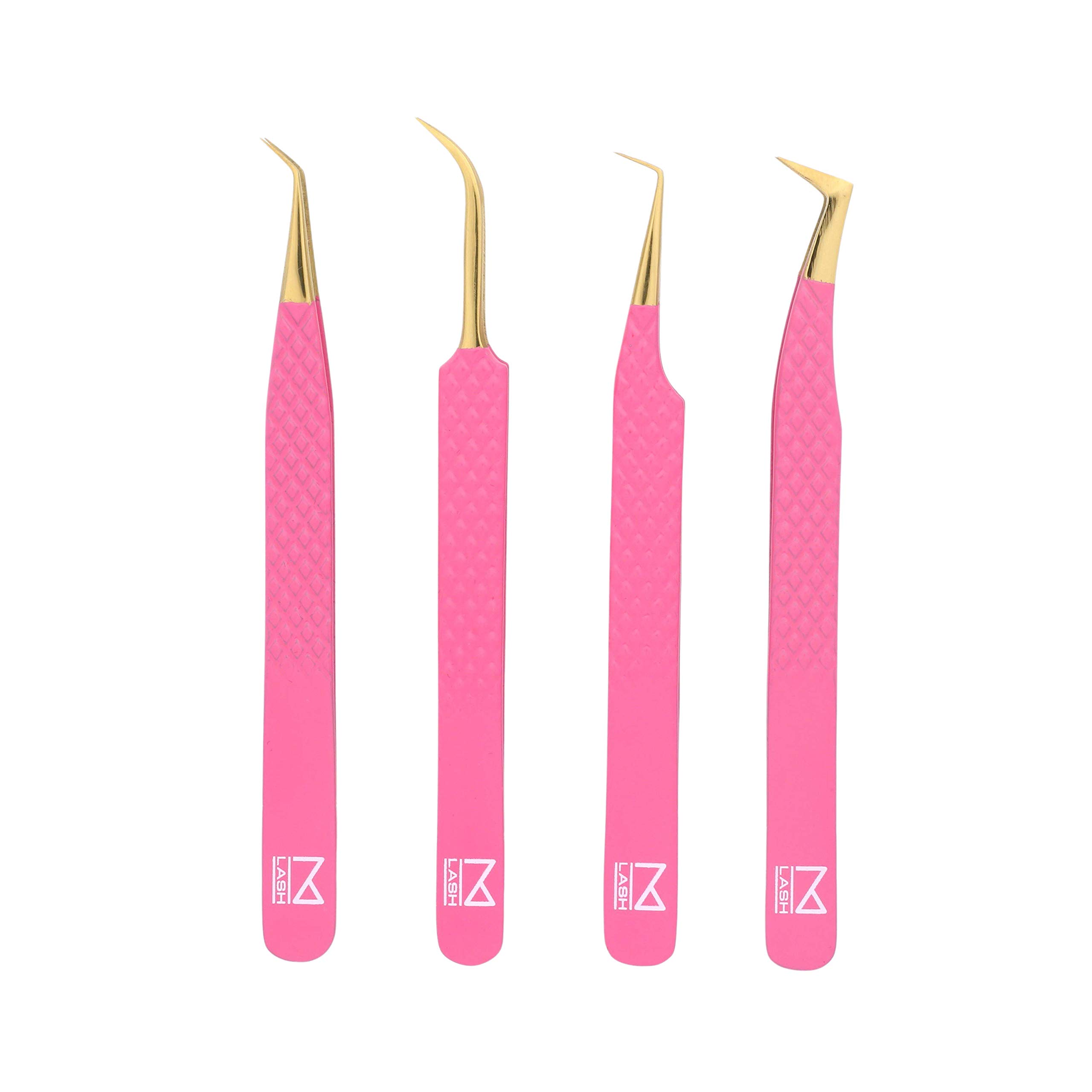 M LASH Tweezers for Eyelash Extensions (Set of 4) - Professional Lash Extension Tweezers - Fiber Tip, Japanese Steel, Diamond Grip Eyelash Extension Tweezer (Pink)