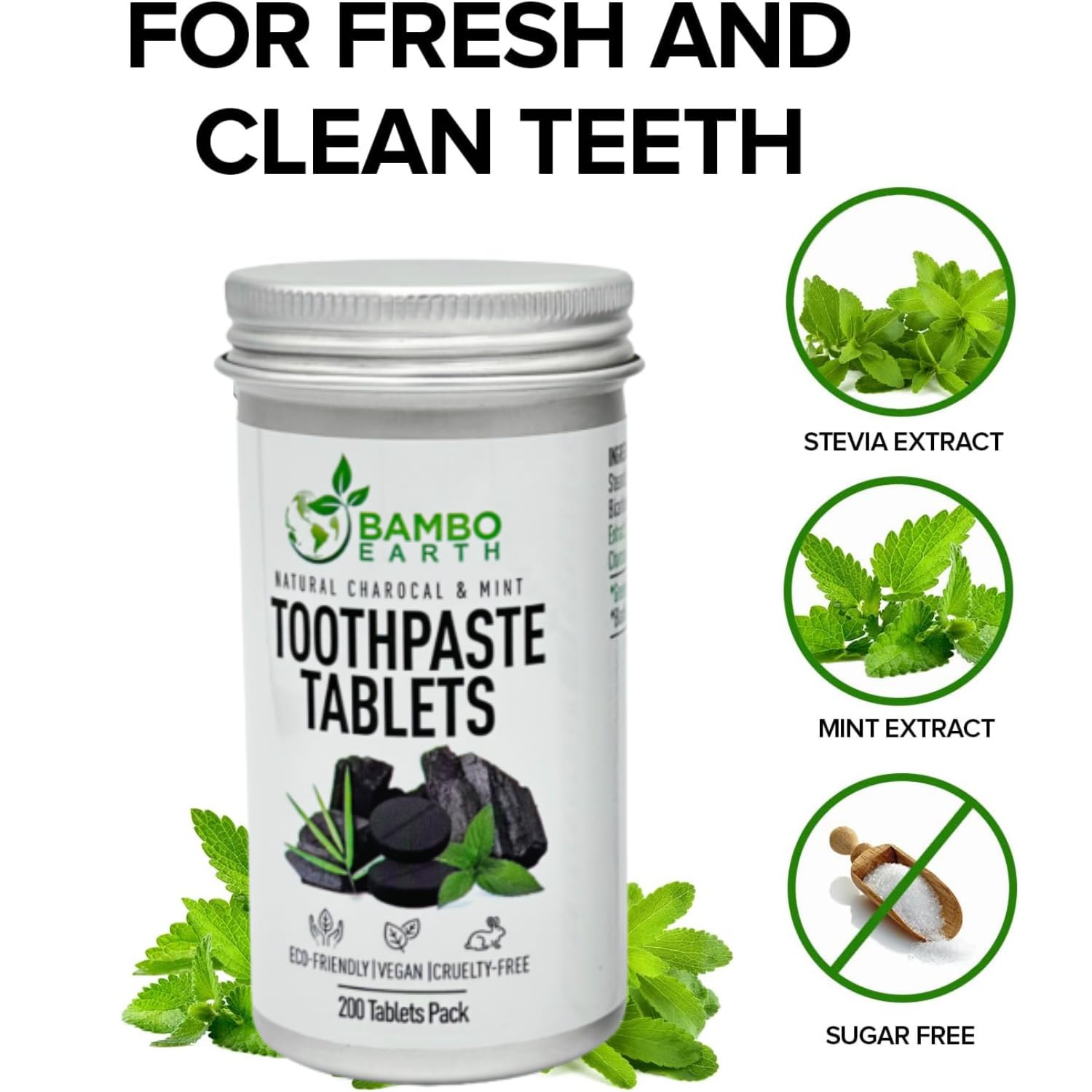200 Pack Natural Toothpaste Tablet Bits - Chewable Mouthwash Whitening Burts Bees Bite Tablets For Teeth SLS & Fluoride Free Eco & Travel Friendly With Zero Waste Packaging - Mint & Activated Charcoal