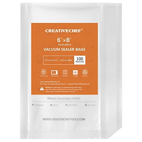 CREATIVECHEF 100 Pint 6 x 8 Inch Vacuum Sealer Bags, Great for Food Saver, Sous Vide,Vac Seal Freezer Bags, Vacuum Storage, Seal a Meal, BPA Free, Heavy Duty Sous Vide Vac Seal (6" x 8" 100 count)