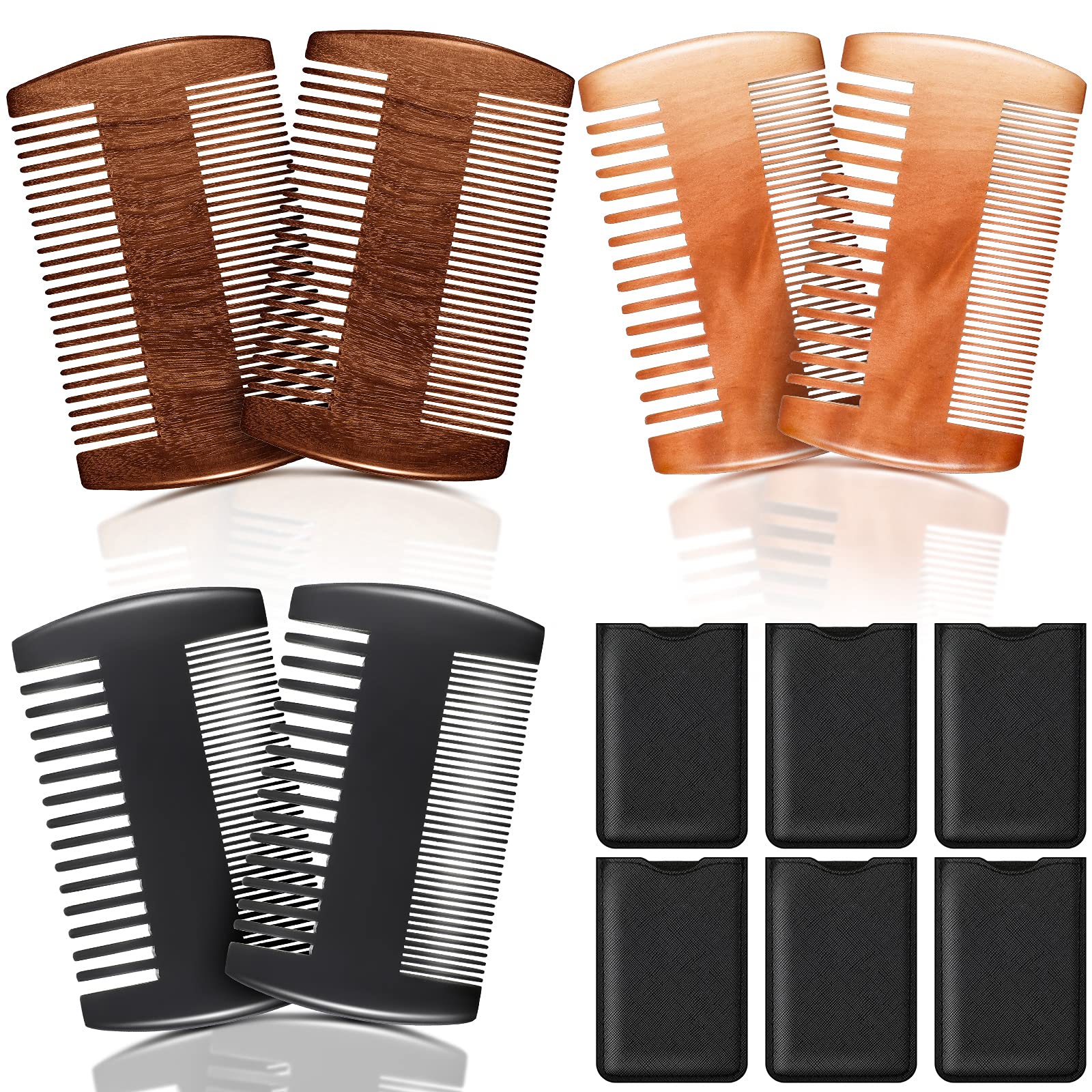 Natural Sandalwood Dual Action Beard and Moustache Combs with Faux Leather Cases (6 Pieces, Yellow, Black, Reddish Brown)
