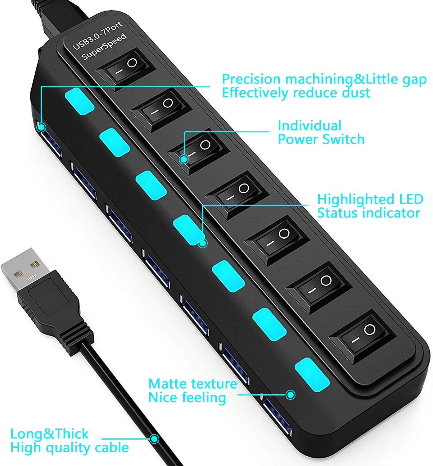USB Hub 3.0 Powered, Zouhi USB hub 7 Port 3.0 Data Hub Splitter with 5V/2A Power Adapter and with Individual On/Off Switches/Power LED / 3.3ft/1m Long Cable for Mac Pro, MacBook Pro and More