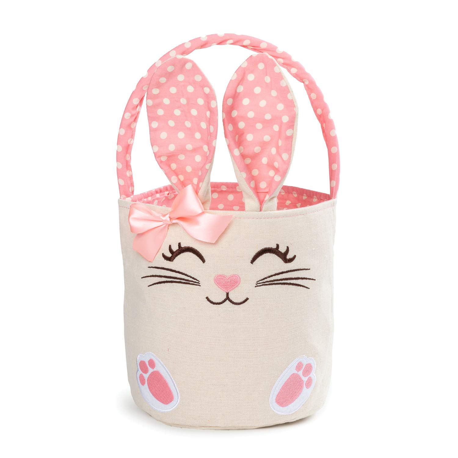 Personalized Bunny Ears Bucket Bag with Custom Name | Pink Polka Dot Liner Easter Bag with Handle | Soft Egg Basket for Kids | Customized Easter Basket | Great for Book and Toy Storage