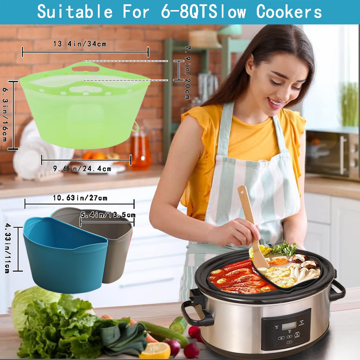 3 in 1 Kit Silicone Slow Cooker Liners, Reusable Slow Cooker Divider Insert for 6-7-8-10 QT Oval Slow Cooker, BPA Free Leak-Proof Dishwasher Safe Slow Cooking Bag Liner