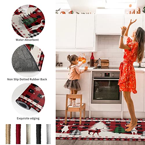 2 Piece Christmas Kitchen Rug Set Christmas Tree Reindeer Indoor Floor Mats for Winter, Xmas Door Mat Runner Rug Carpet Mat for Kitchen Home Decor (15.7"x23.6" + 15.7"x47.2") - Red Black Buffalo Plaid