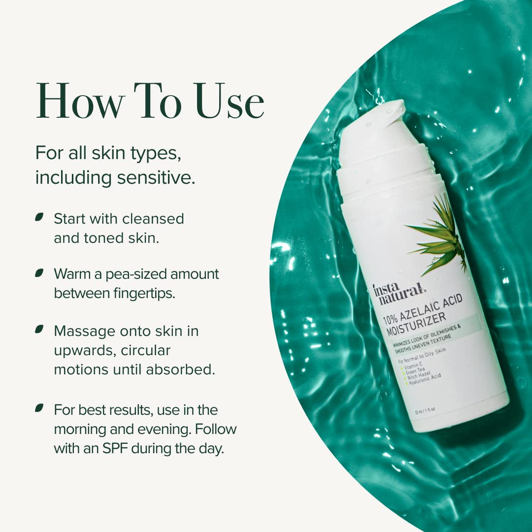 InstaNatural 10% Azelaic Acid Moisturizer, Face Moisturizer with Vitamin C, Hyaluronic Acid, Green Tea Extract, and Witch Hazel, For Roscesea, Acne Prone Skin and Hyperpigmentation