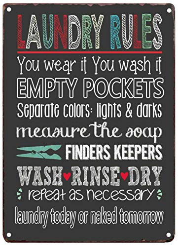 PXIYOU Laundry Rules Typography Wash Rinse Dry Vintage Distressed Look Farmhouse Metal Sign Washroom Laundry Room Decor 8X12Inch