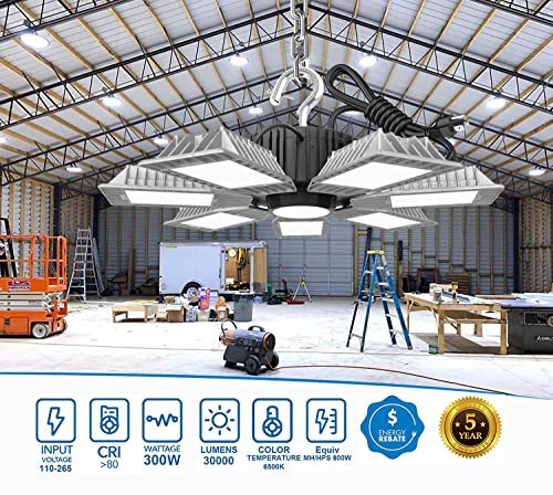 300W LED shop light, 6500K, 1000W Eq- Ultra-Bright high Bay for workshop, 30000lm Plug-in with Hanging Hook, Safety Rope - Ideal for Garage, Warehouse, Residential Barn, Factory, Workshop Lighting