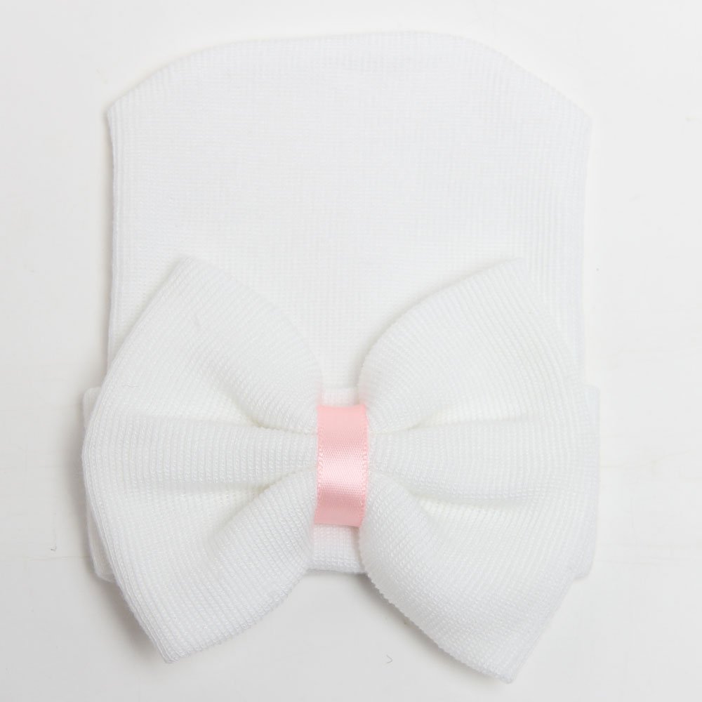 DRESHOW BQUBO 4 Pack Newborn Hospital Hat Infant Baby Hat Cap with Big Bow Soft Cute Knot Nursery Beanie