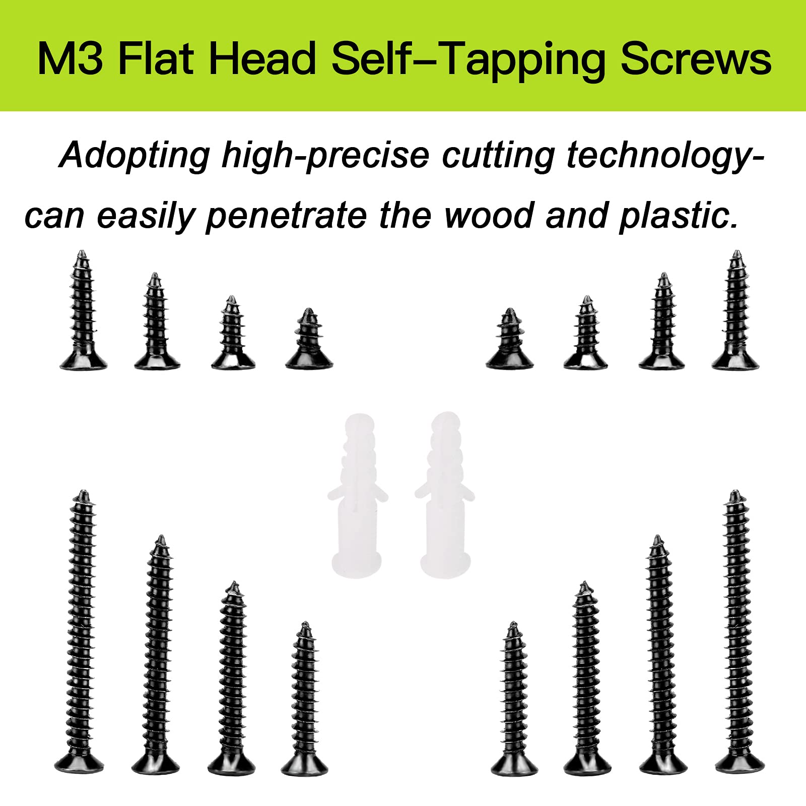 M3 Flat Head Wood Screws Assortment Fasteners Kit 420pcs,Phillips Drive Countersunk Head Self-Tapping Screws,Carbon Steel,Contains 20pcs M6 Screw Anchors